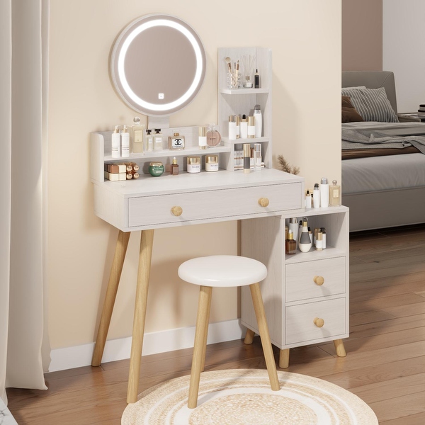 Functional Round Mirror Bedside Table Perfect for Your Daily Beauty Routine 36.2 L x 16.9 W x 51.9 H White